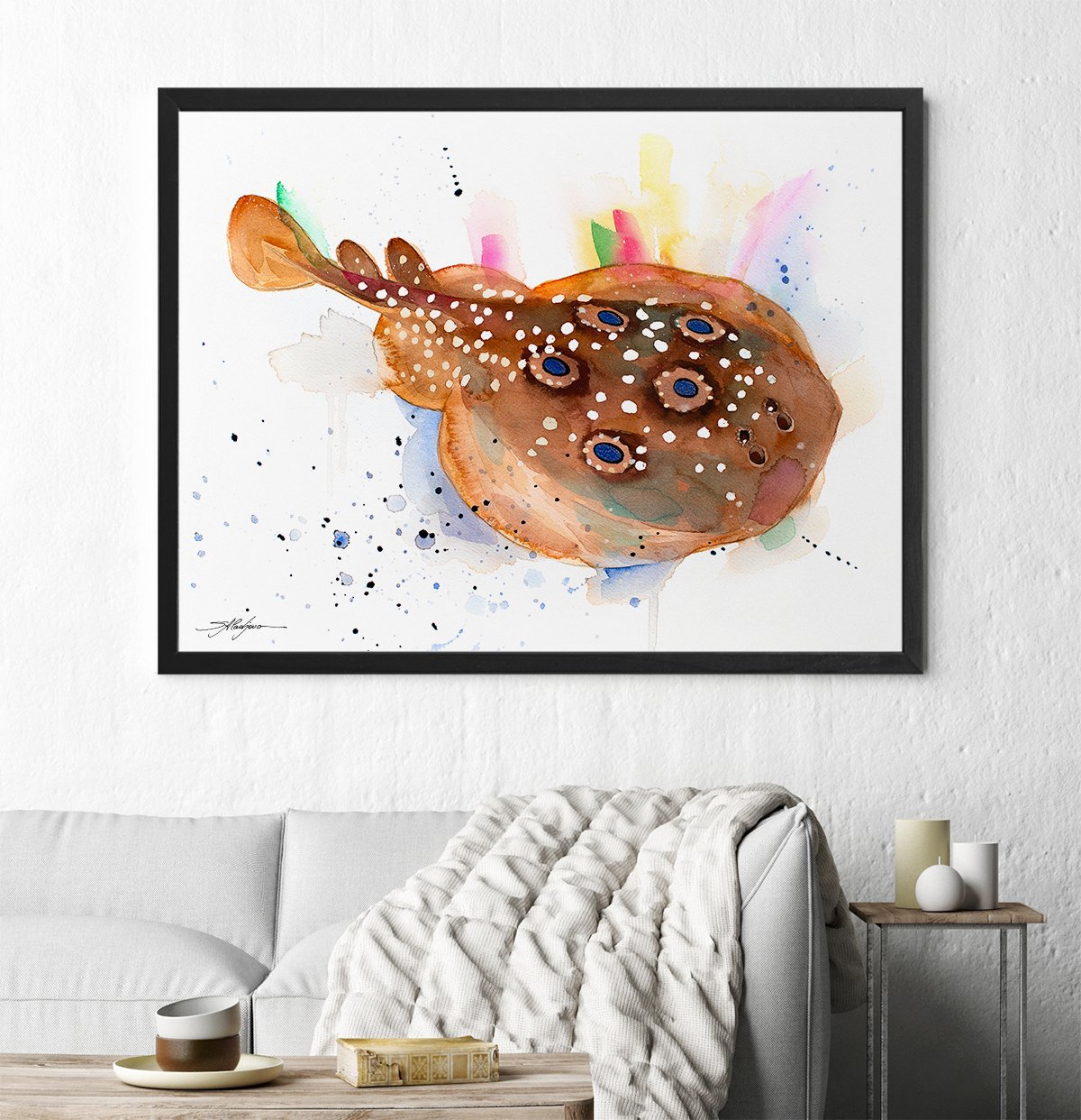 Eyed electric ray watercolor painting print