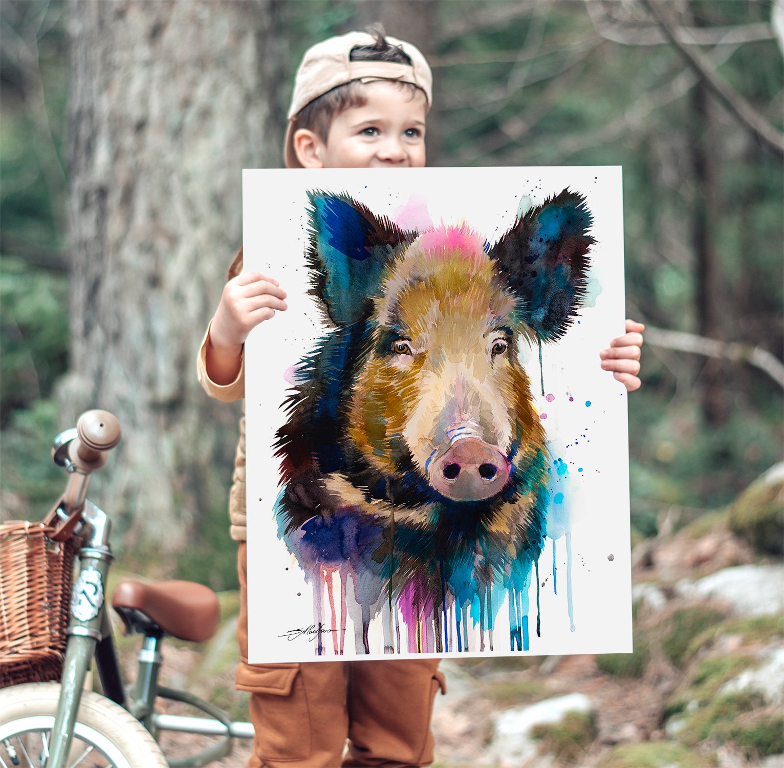 Wild boar watercolor painting print