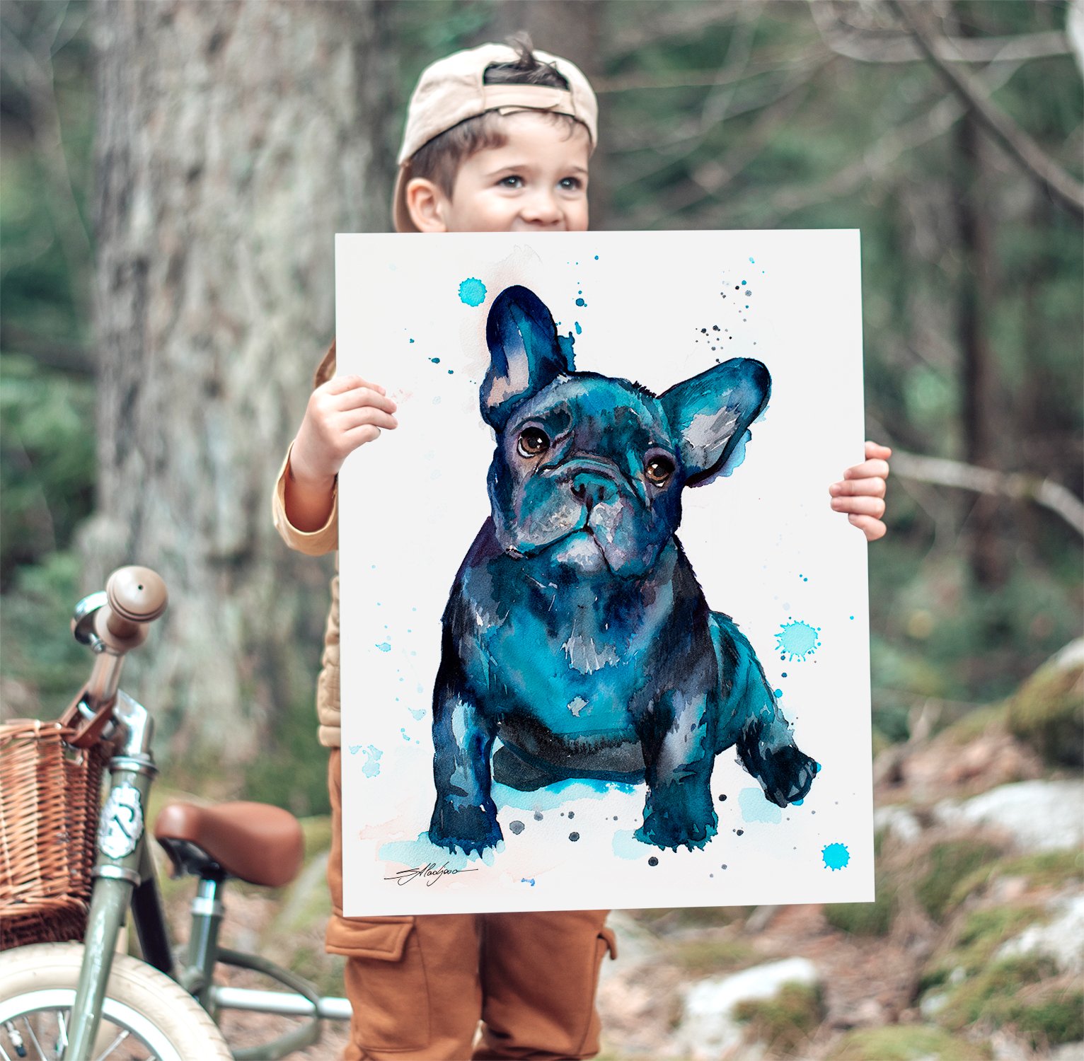Black French Bulldog Baby watercolor painting print