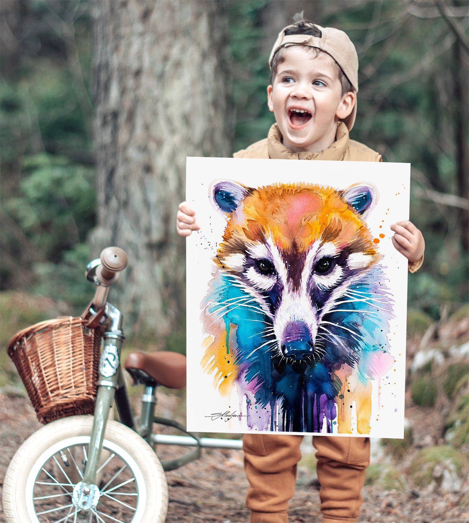 White-nosed coati watercolor painting print