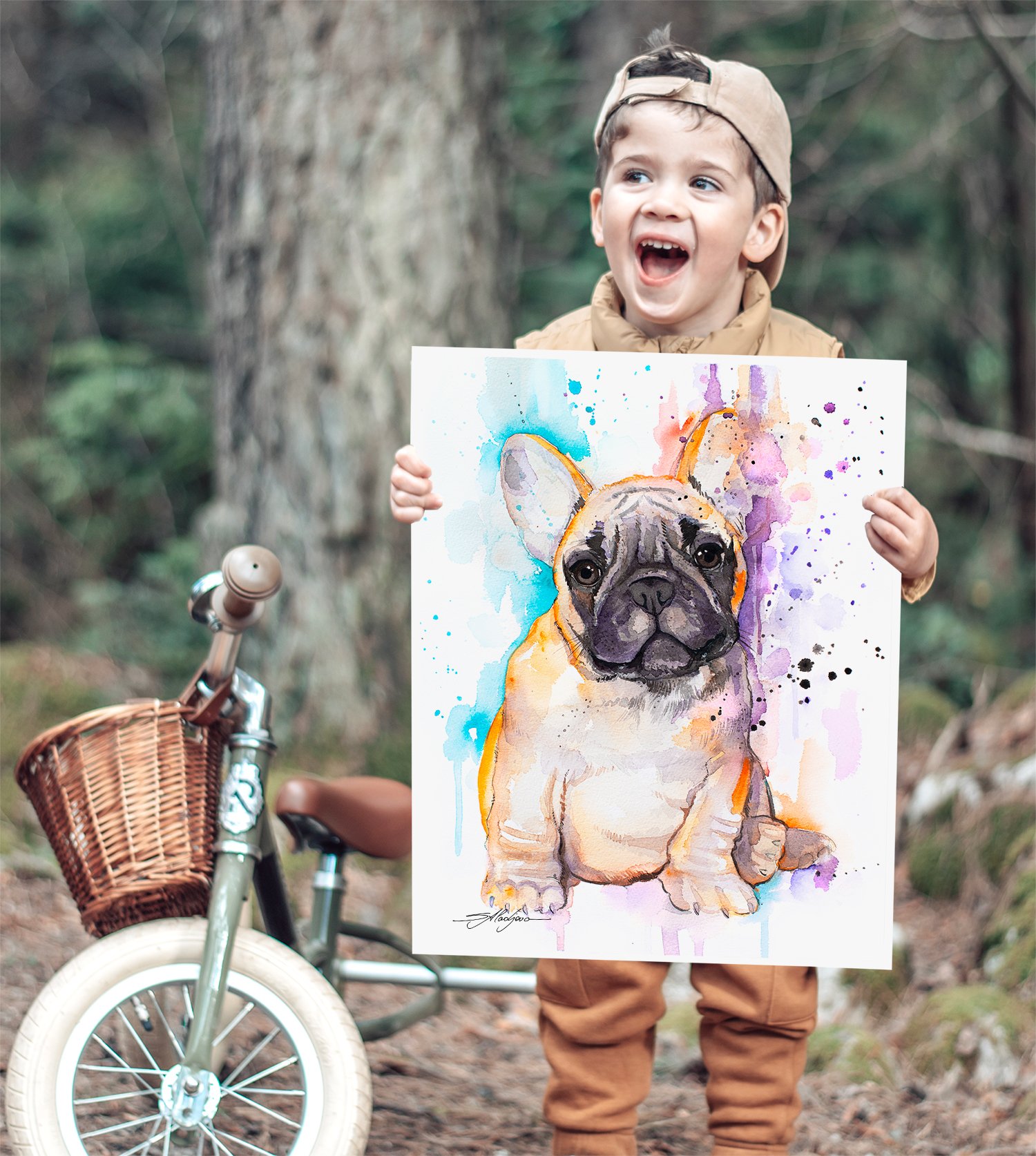 Baby fawn french bulldog watercolor painting print
