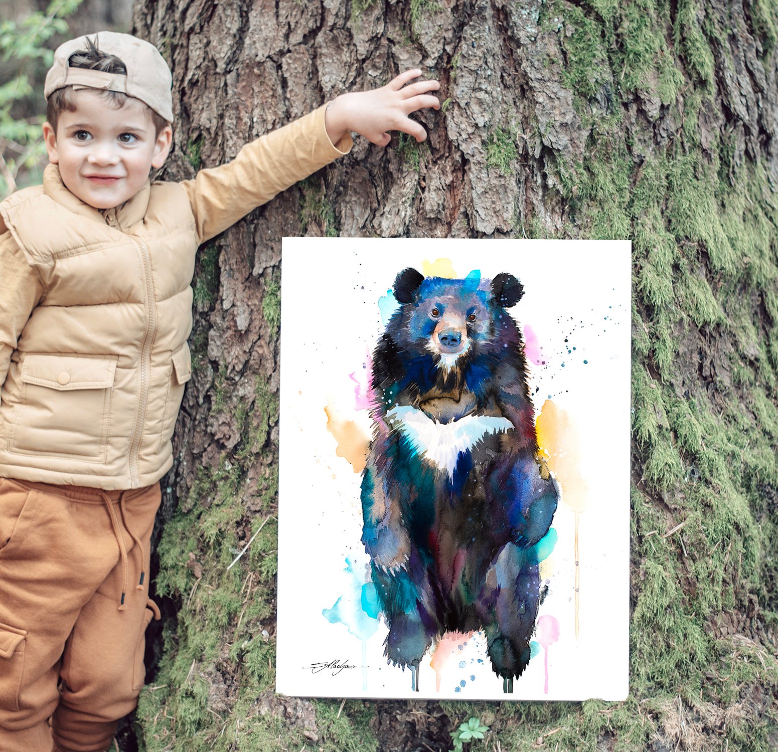Asian black bear watercolor painting print