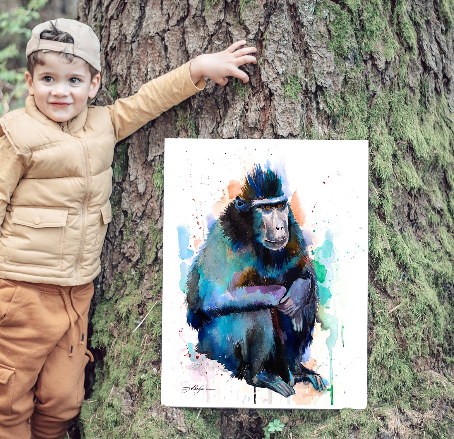 Celebes crested macaque monkey watercolor painting print