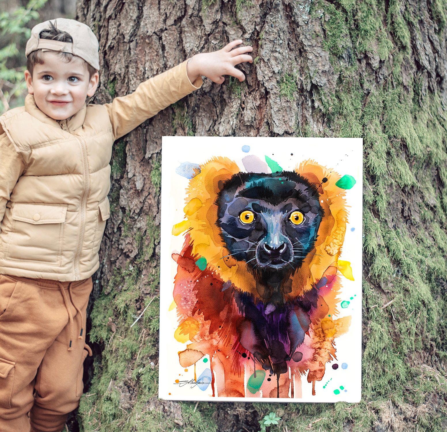 Red ruffed lemur watercolor painting print