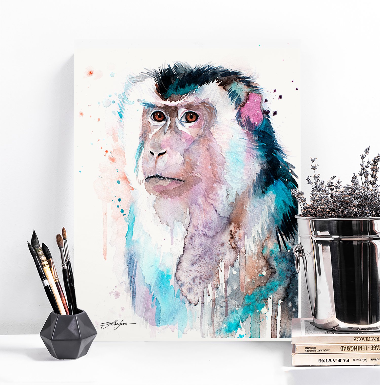 Macaque watercolor painting print