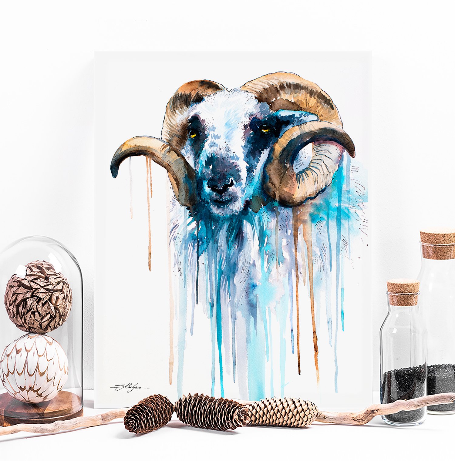 Blue Sheep watercolor painting print