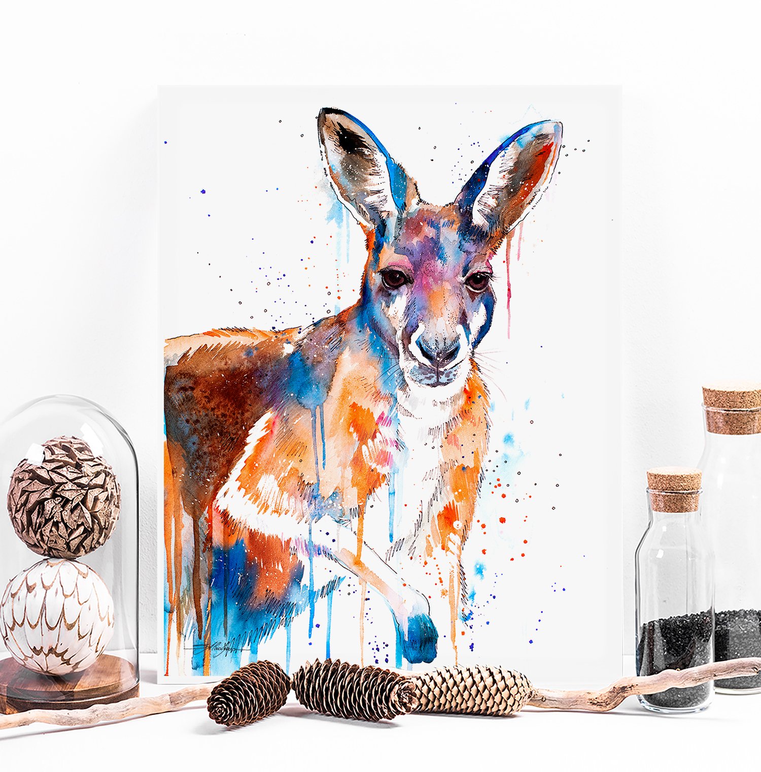 Red kangaroo watercolor painting print