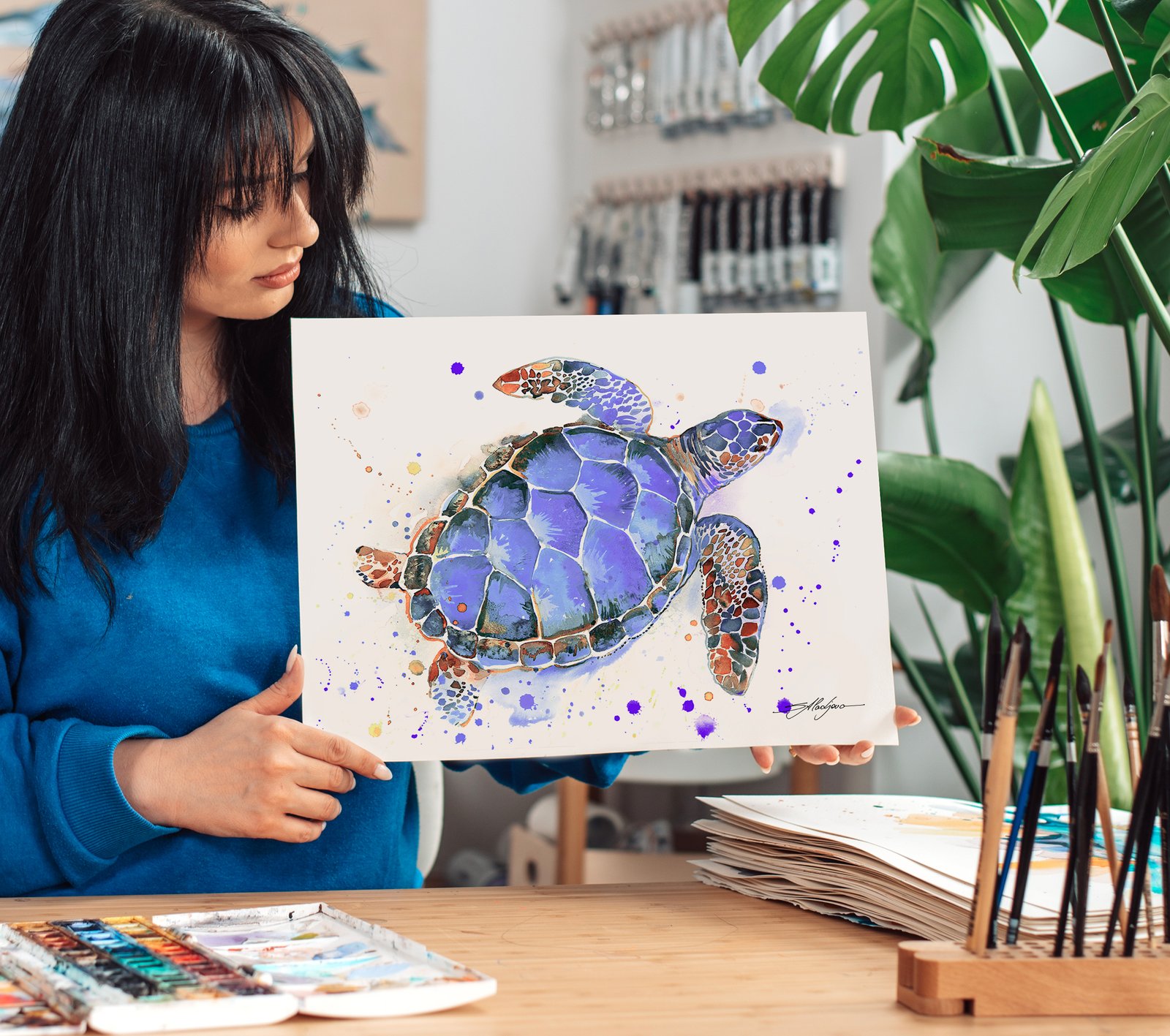 Purple Sea turtle watercolor painting print