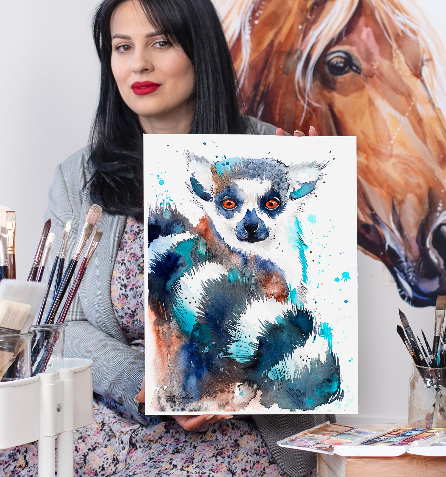 Ring-tailed lemur watercolor painting print
