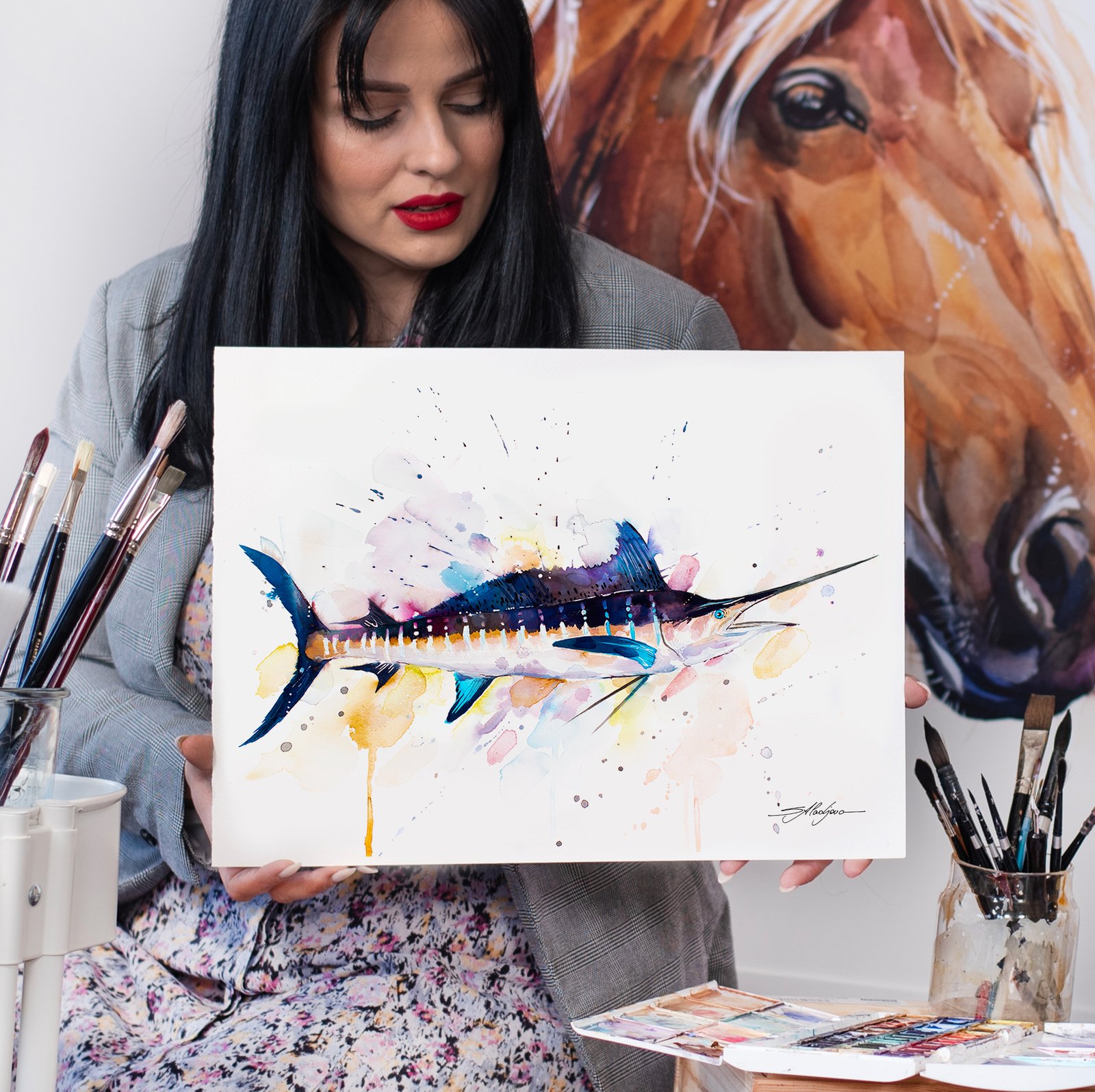 Atlantic blue marlin watercolor painting print