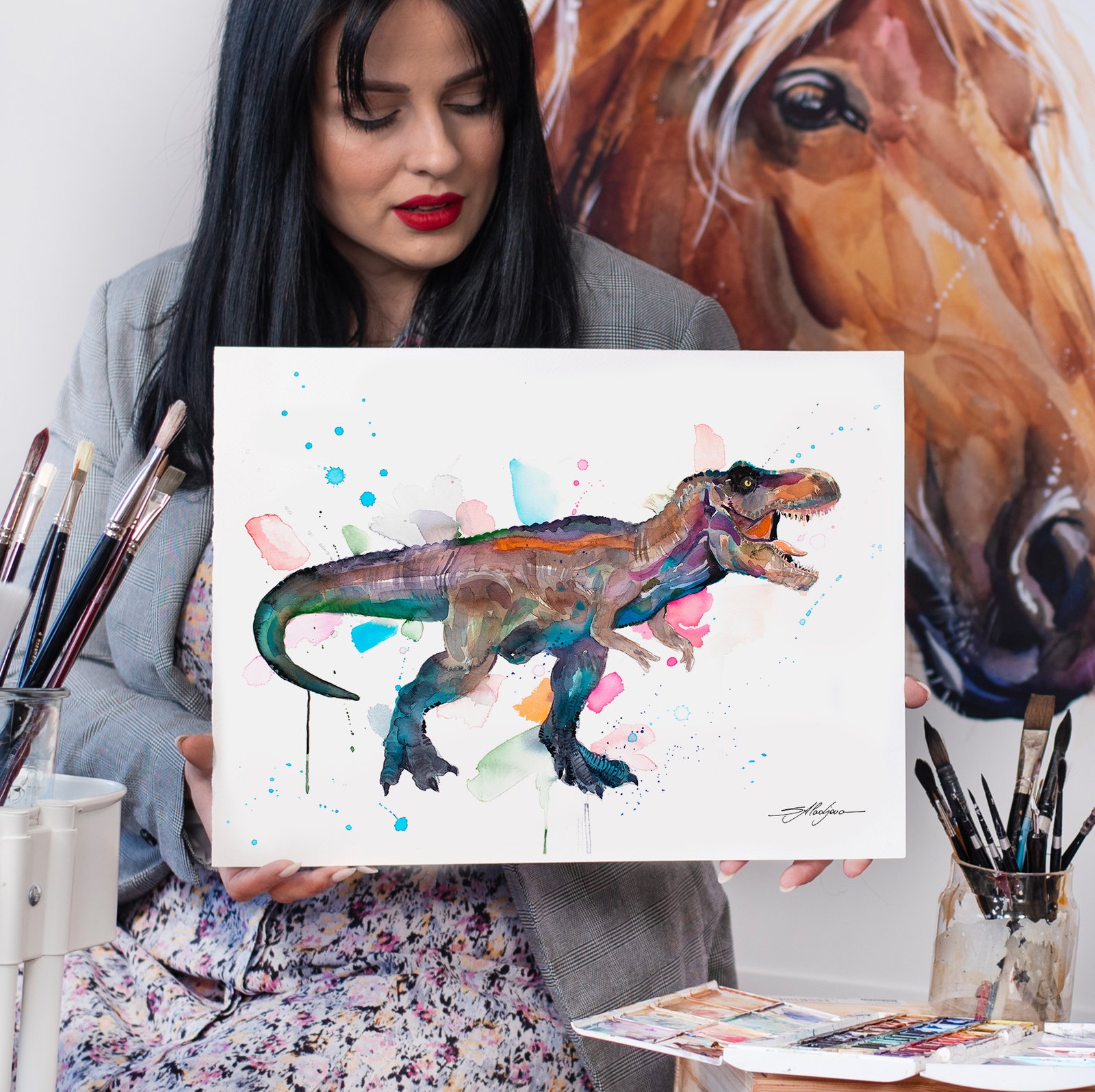 T rex dinosaur watercolor painting print
