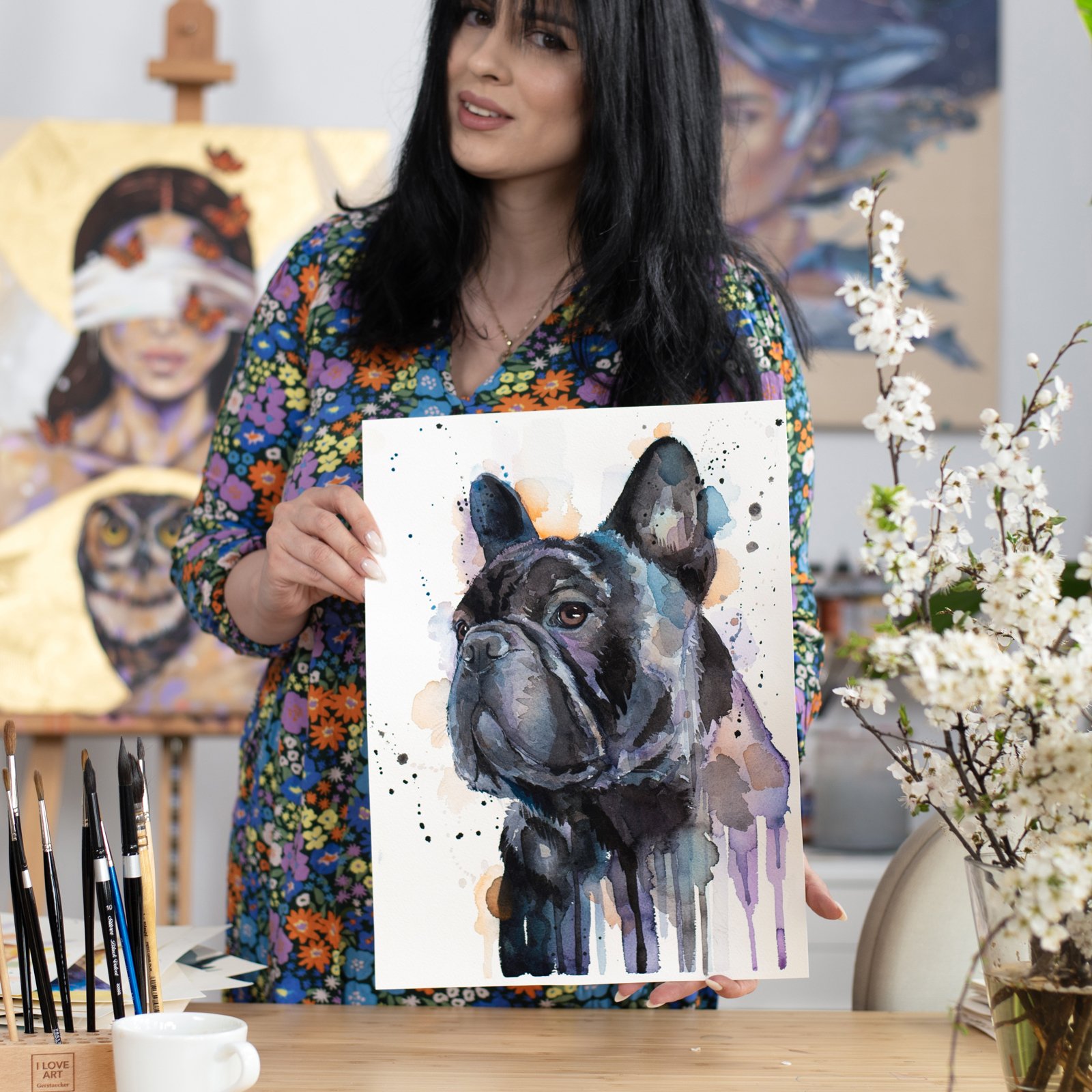 "Black French Bulldog" Original Watercolor Painting